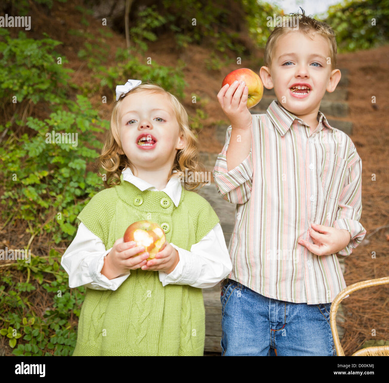 Two Adorable Children Eating Delicious Red Apples Outside Stock Photo ...