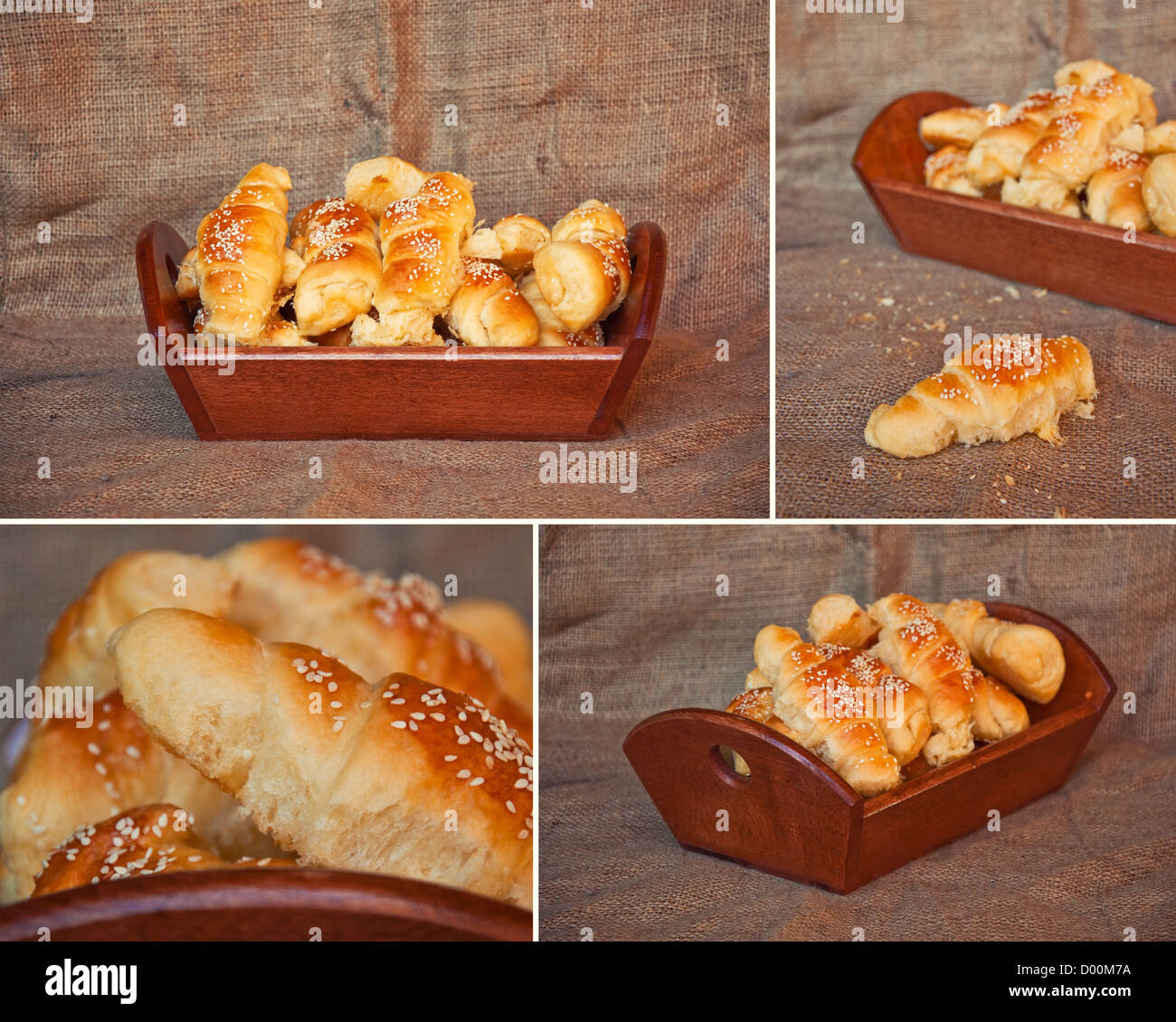 Tasty fresh and warm home made bread loafs in a wooden punnet, collage ...