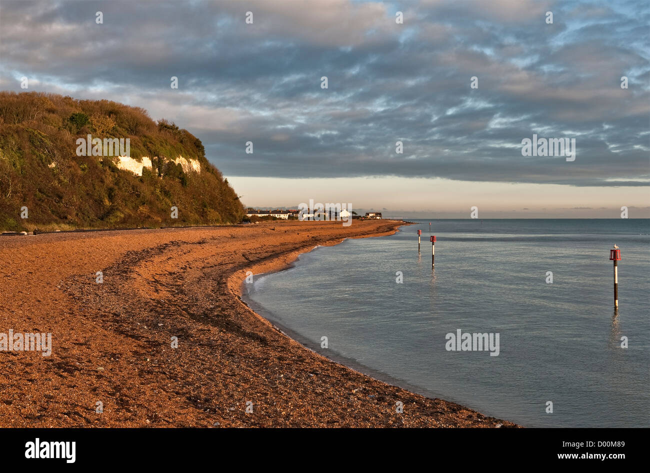 The shingle beach at Kingsdown, near Deal, Kent, UK, seen at sunrise ...