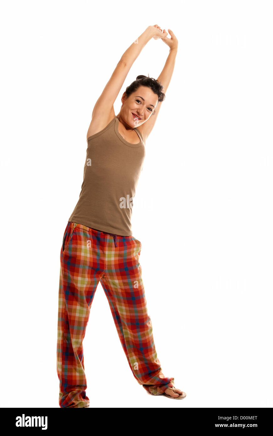 young woman be sleepy wearing pajamas isolated on white background ...