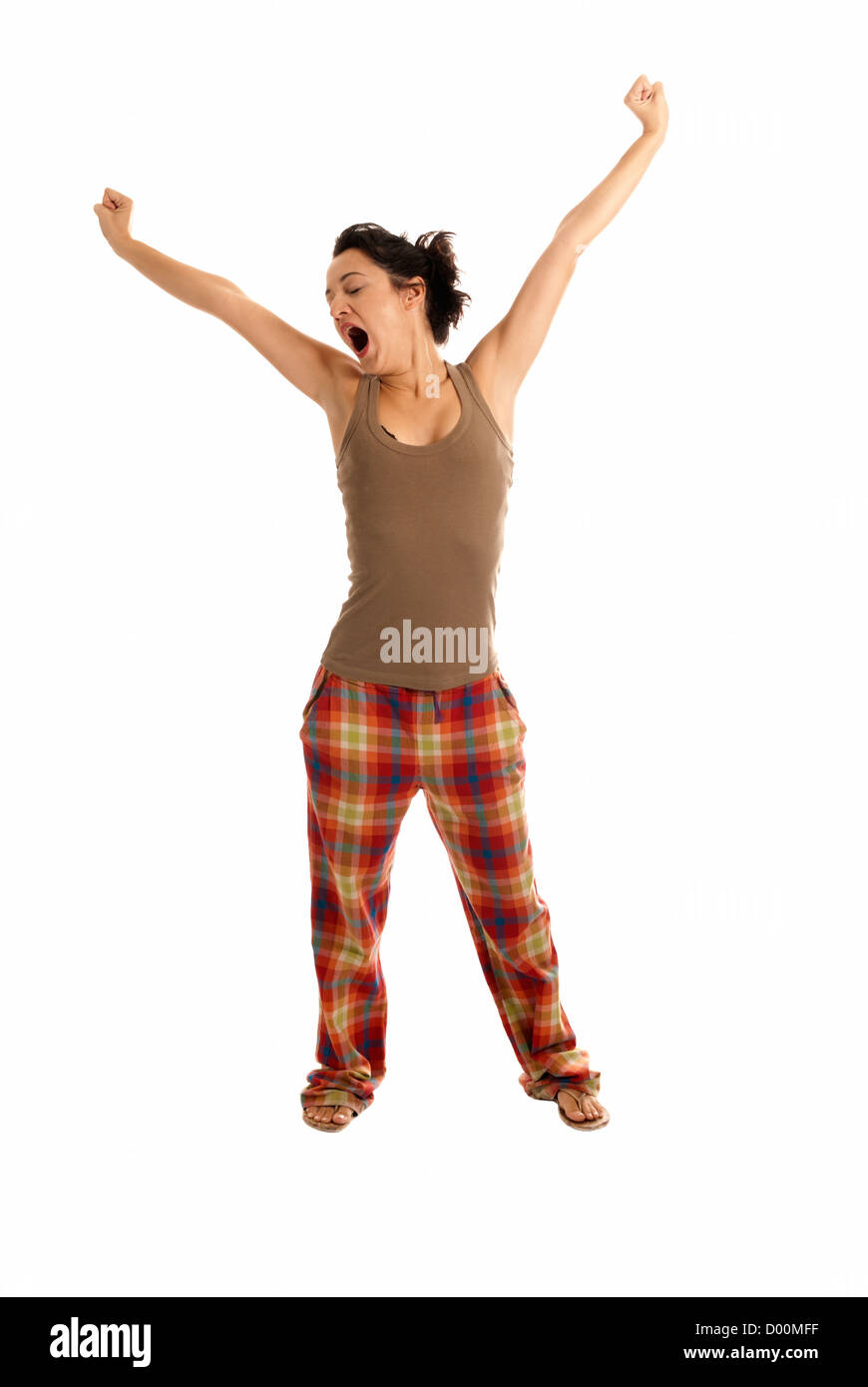 young woman be sleepy wearing pajamas isolated on white background ...