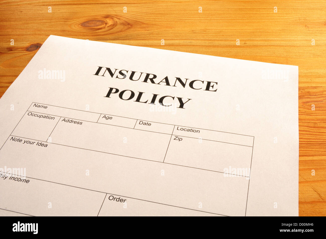 insurance policy form on desk in office showing risk concept Stock ...