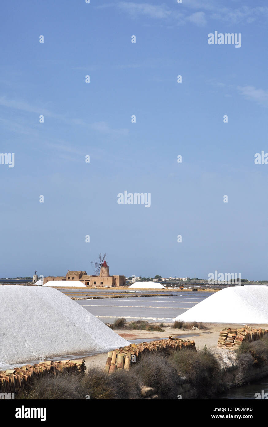 Windmill and salt pans between Trapani and Marsala, Sicily, Italy Stock ...