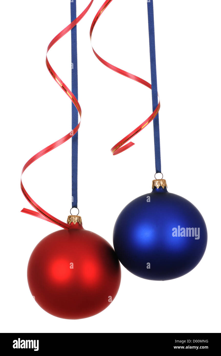 blue and red christmas decoration with ribbon isolated on white ...