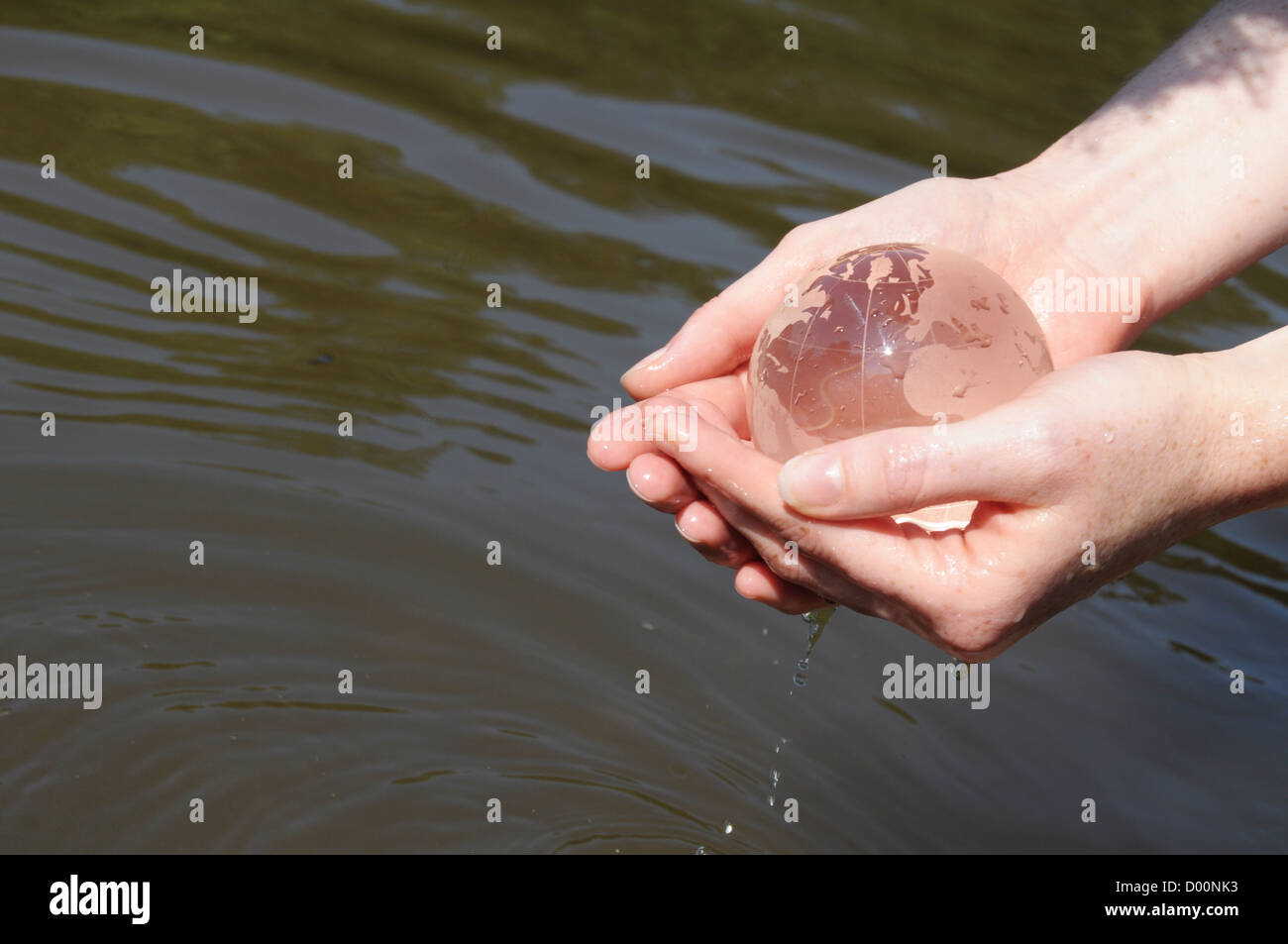 hand water and glass globe showing eco ecology or nature concept Stock ...