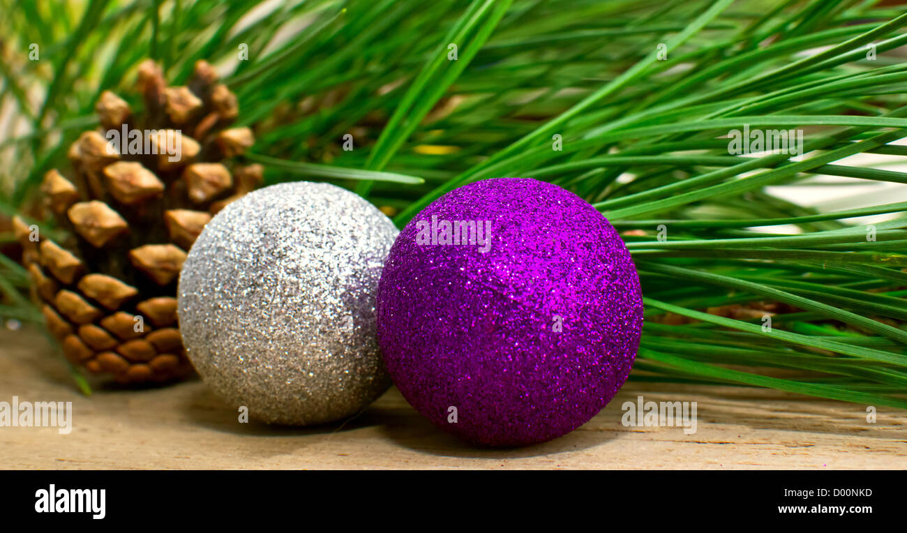 Christmas ball on pine fir tree branches isolated on white Stock Photo ...