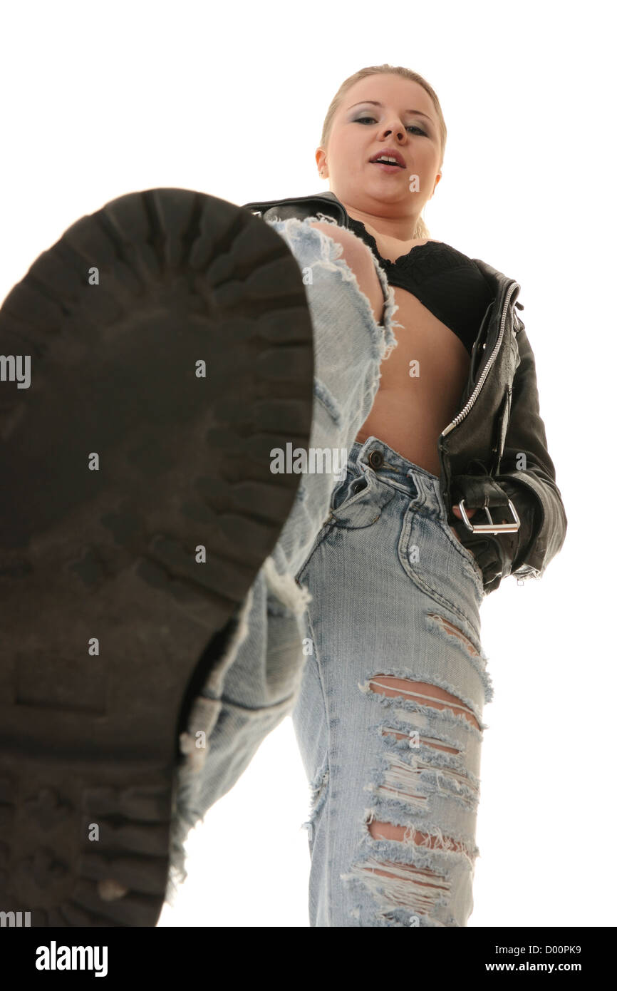 Rock Star Blond Woman - under her shoe , isolated on white background ...