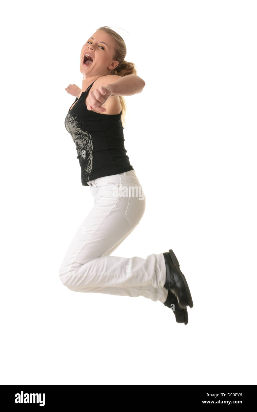 Beautiful woman jumping with joy isolated on white background Stock ...