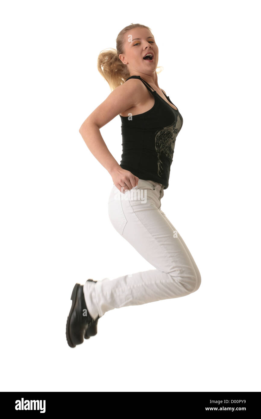 Beautiful woman jumping with joy isolated on white background Stock ...