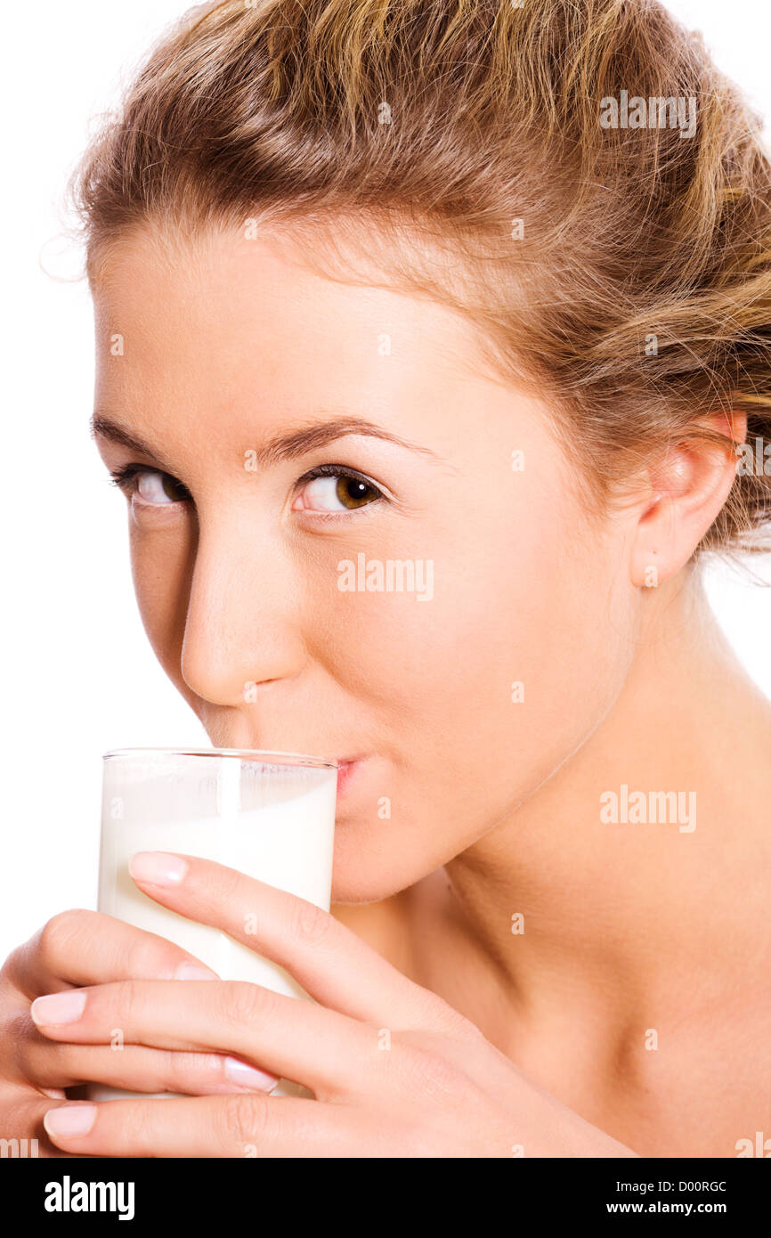 Closeup portrait of woman drinking fresh milk isolated Stock Photo - Alamy