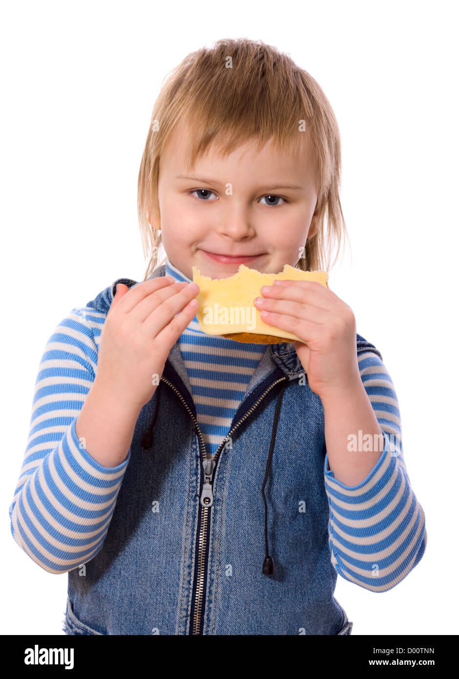 Girl eating cheese sandwich isolated on white Stock Photo - Alamy