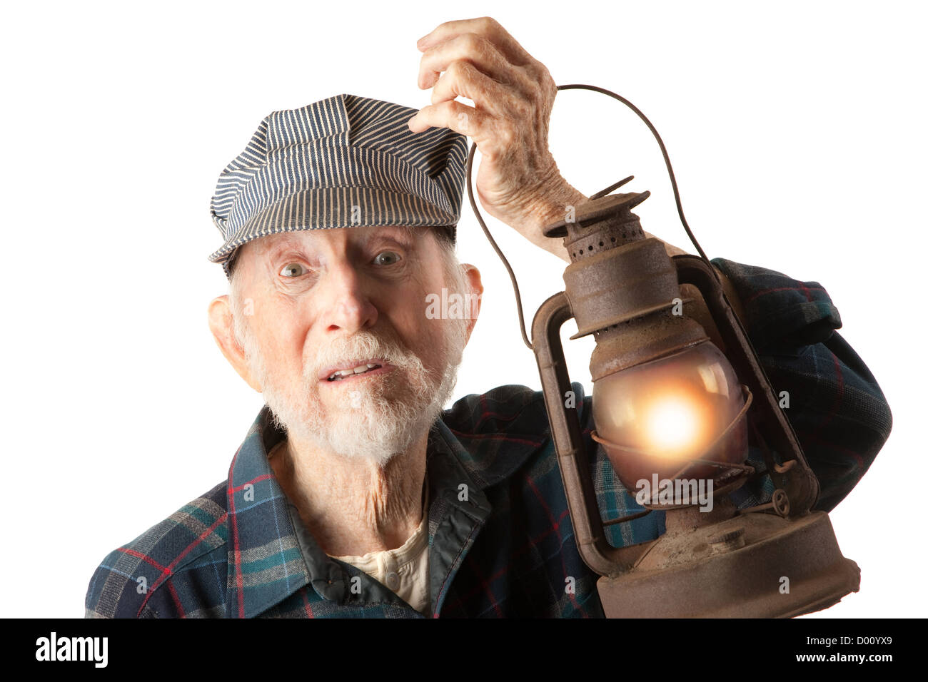 Apprehensive railroad man holding a glowing red lantern Stock Photo - Alamy