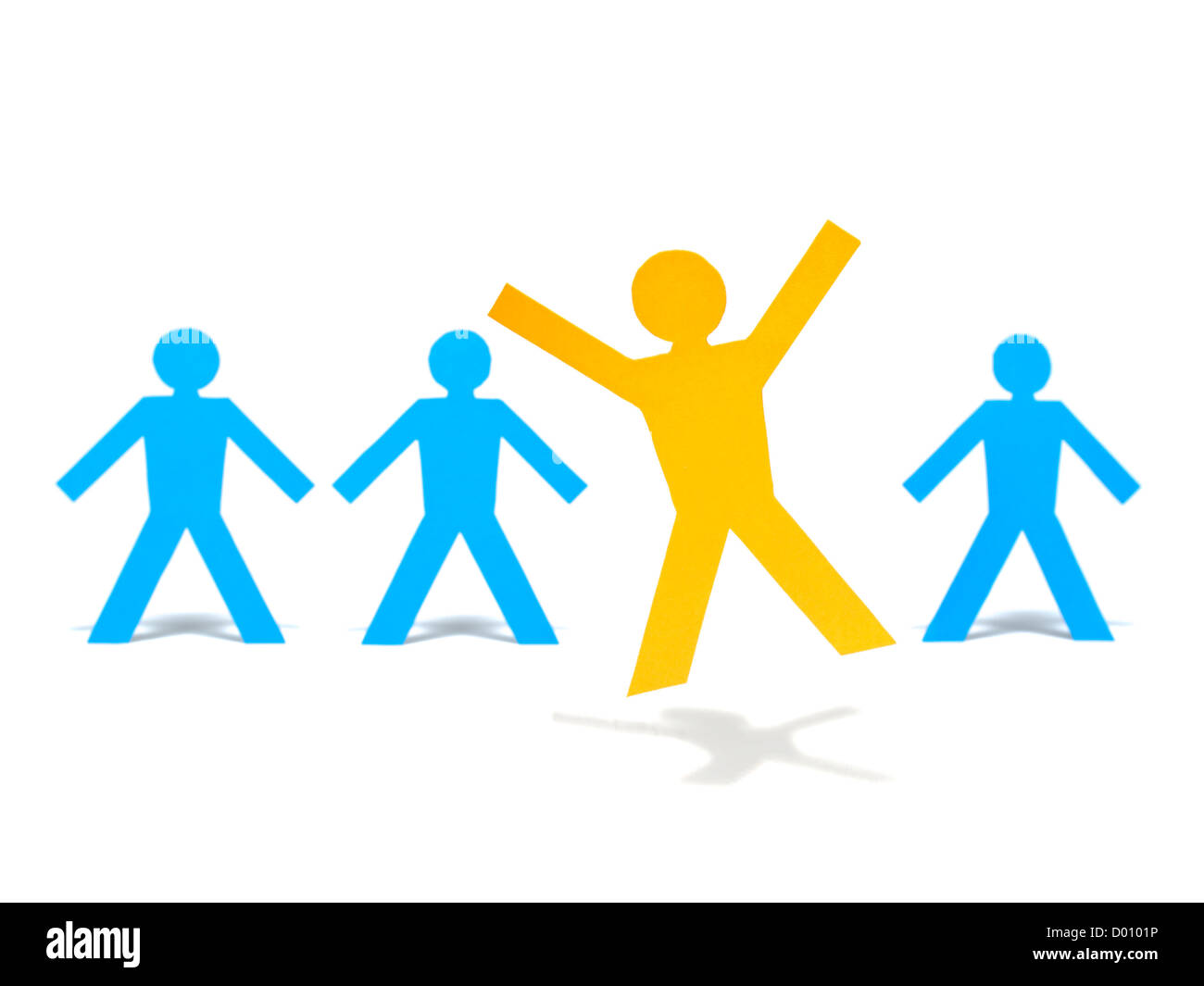 A yellow paper figure is celebrating a step forward from the blue paper ...