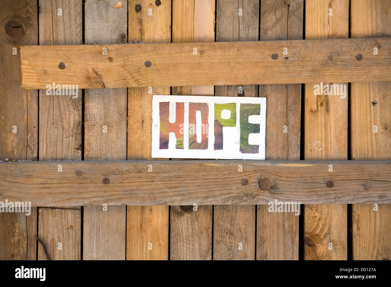 white plate with "Hope" inscription on wooden box closeup background ...
