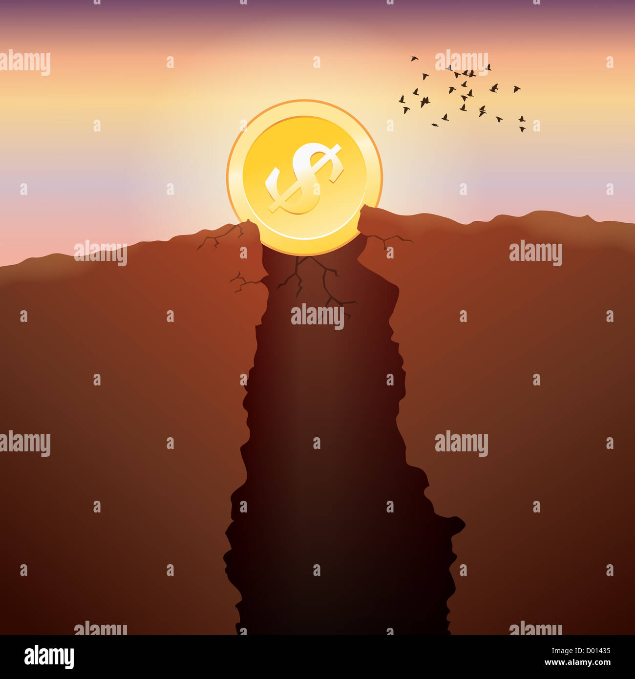 Vector illustration of a gold dollar coin stuck on a small pit Stock ...
