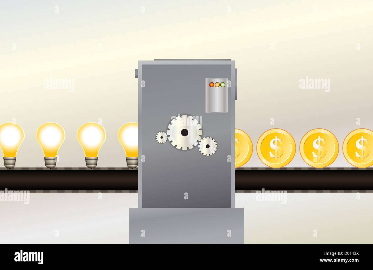 Vector illustration of an assembly line producing gold dollar coins ...