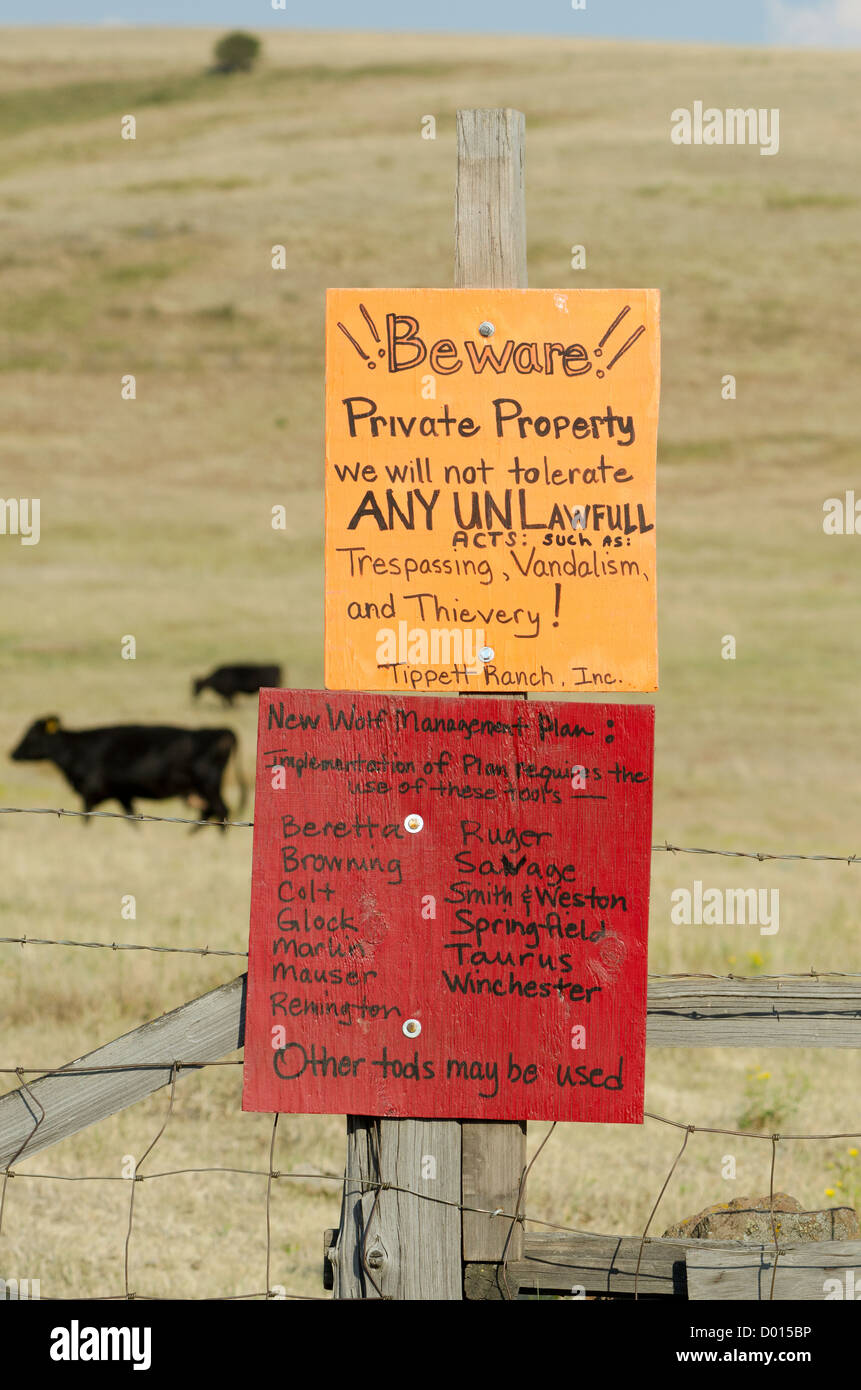 Anti-wolf signs on boundary of ranch in Wallowa County, Oregon Stock ...
