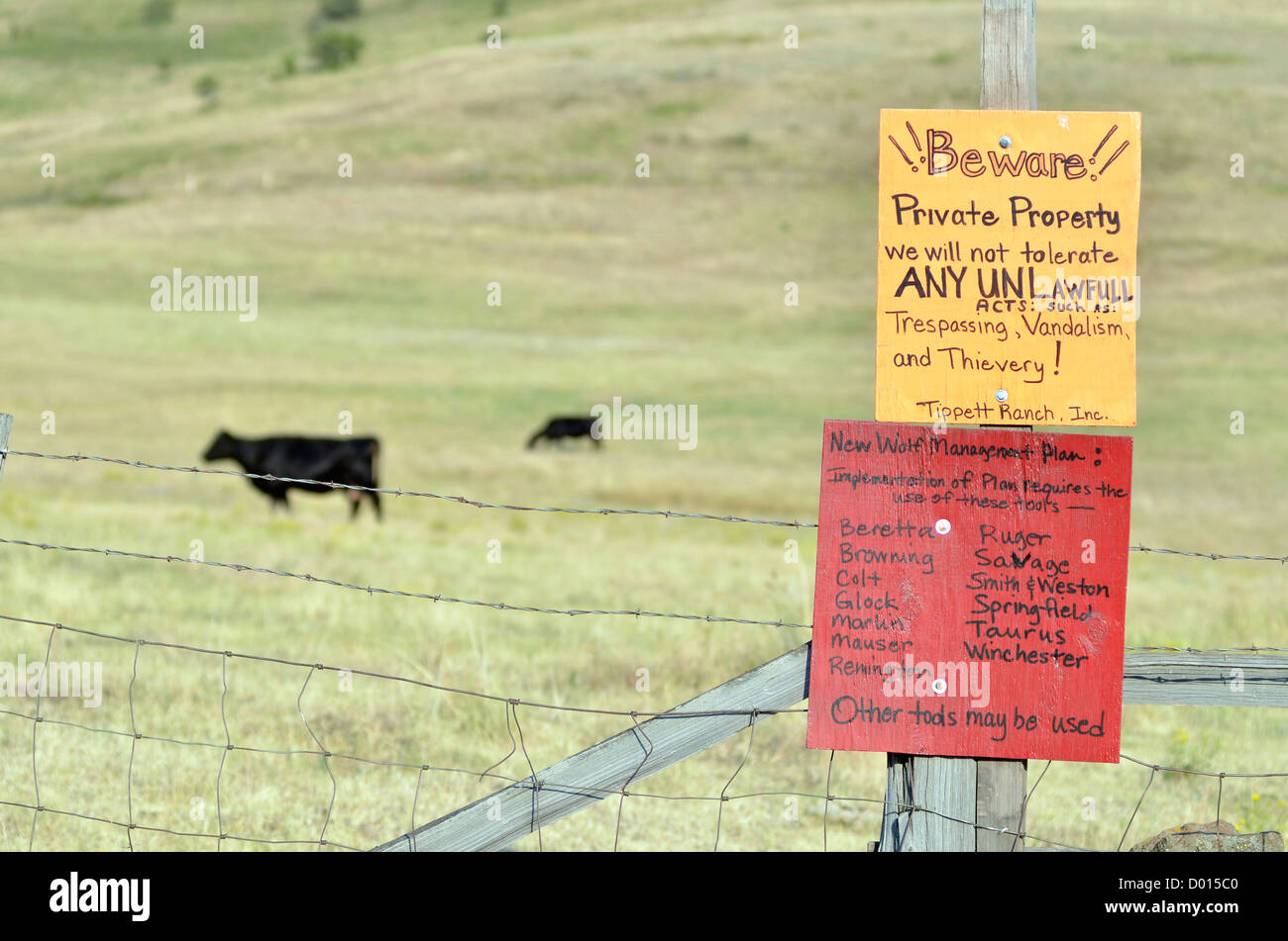 Anti-wolf signs on boundary of ranch in Wallowa County, Oregon Stock ...