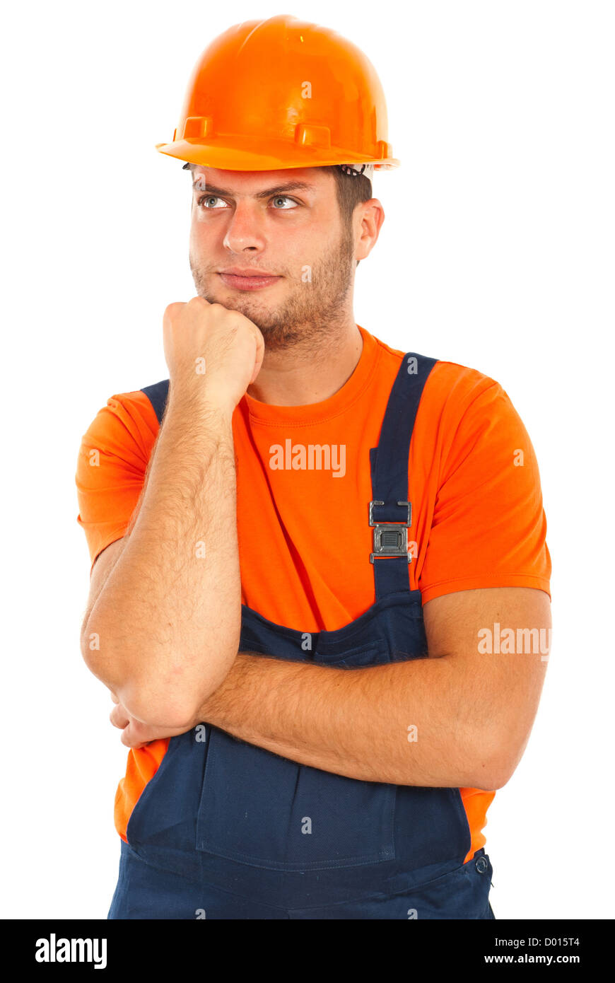 Thinking constructor worker man looking up isolated on white background ...