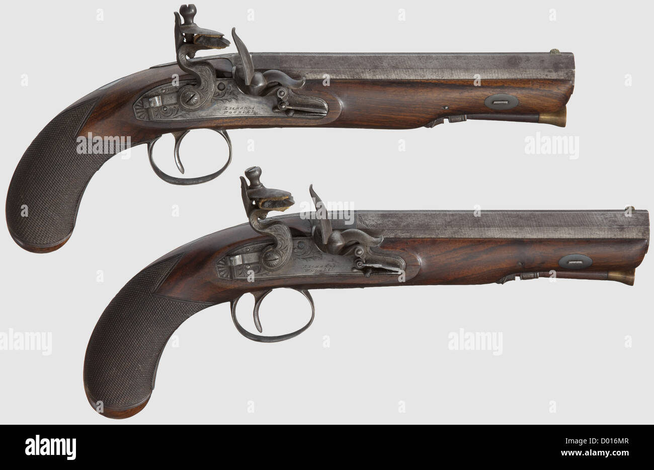 A pair of English flintlock pistols in their case,Richards,Wood & Co ...