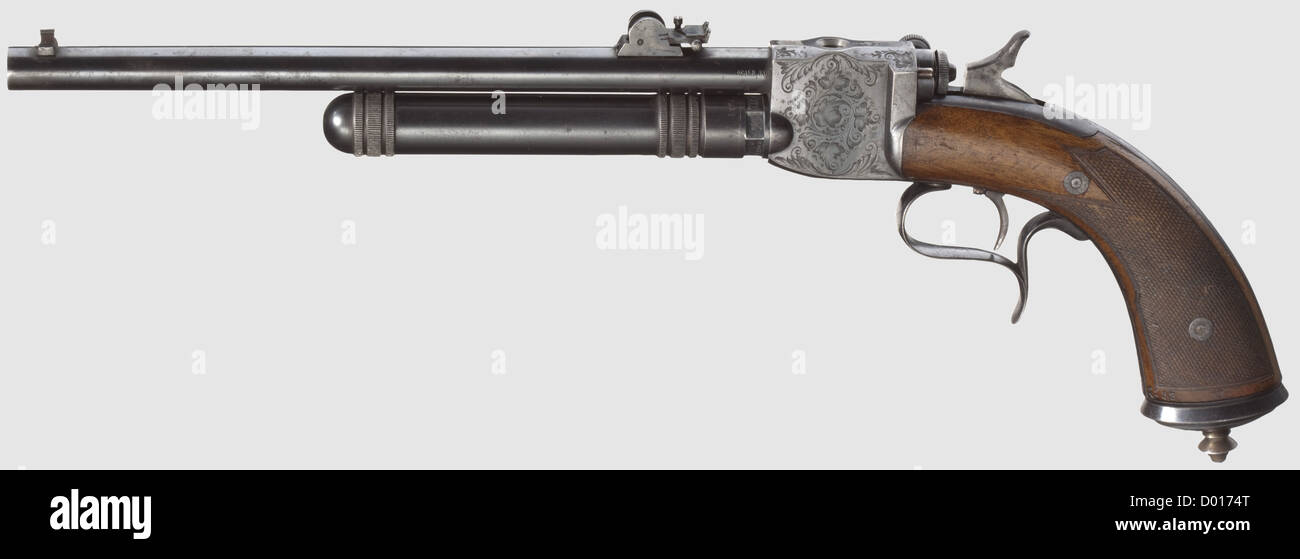 A French Giffard action air pistol,St.Etienne,circa 1880.Round barrel ...