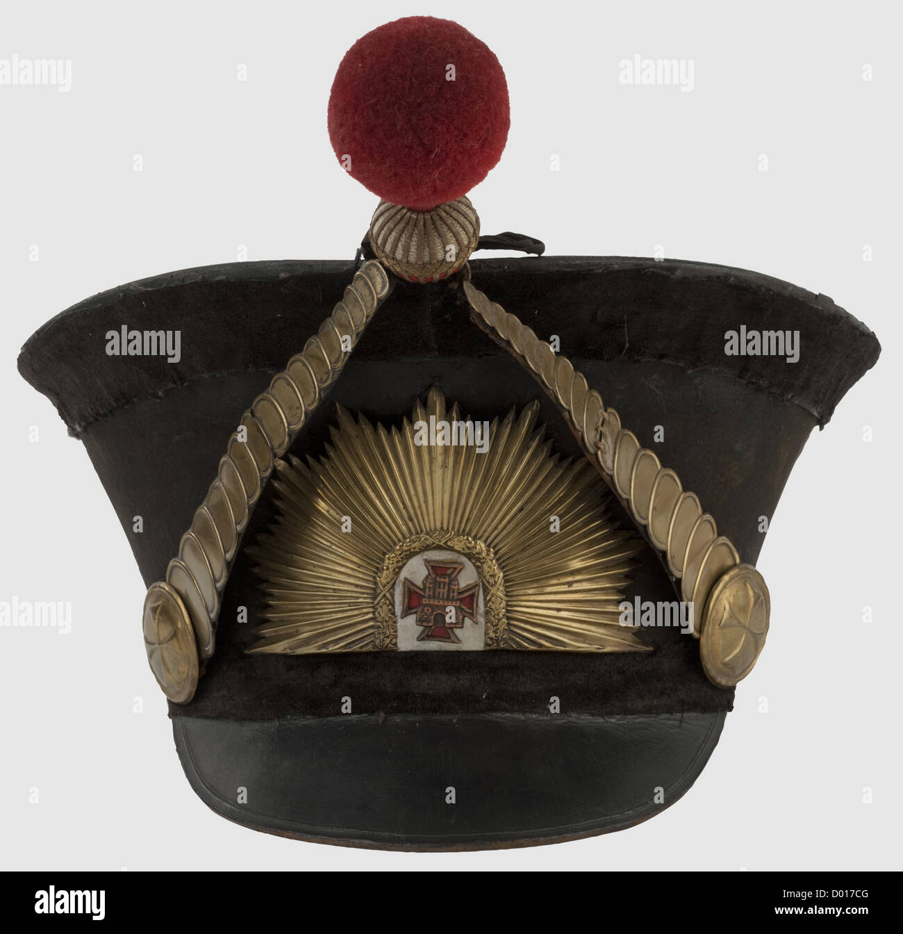 A shako for officers, of the civil militia. Flared cardboard body with ...