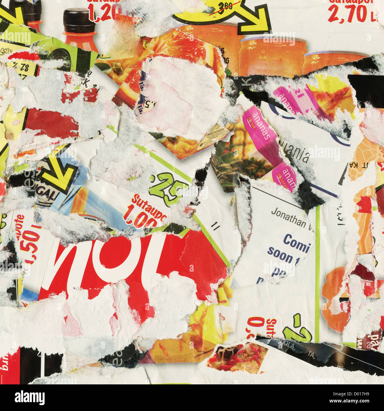 Grunge collage background made of torn advertisement posters, magazines ...