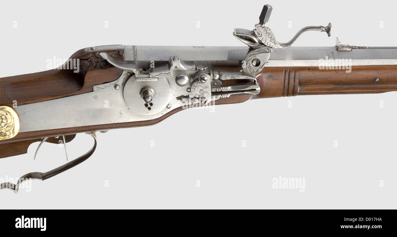 A German wheellock rifle,circa 1680. Octagonal,slightly swamped barrel ...