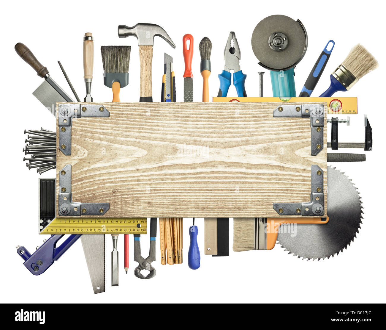 Carpentry, construction background. Tools underneath the wood plank ...