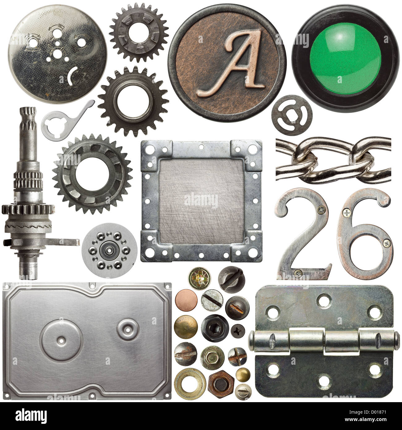 Screw heads, cogs, frames and other metal details Stock Photo - Alamy