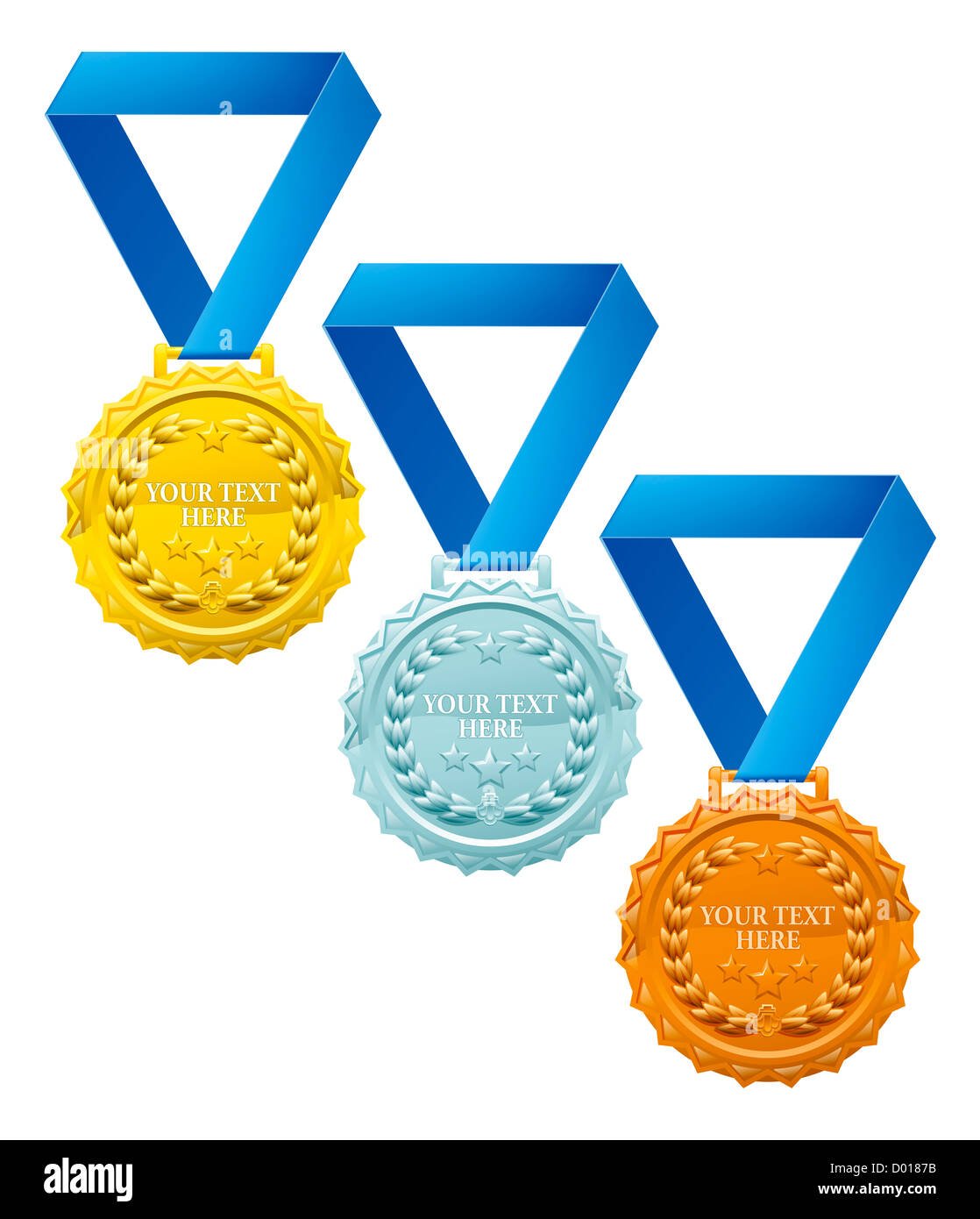 Three winners medals, bronze silver and gold, with laurel wreaths and ...