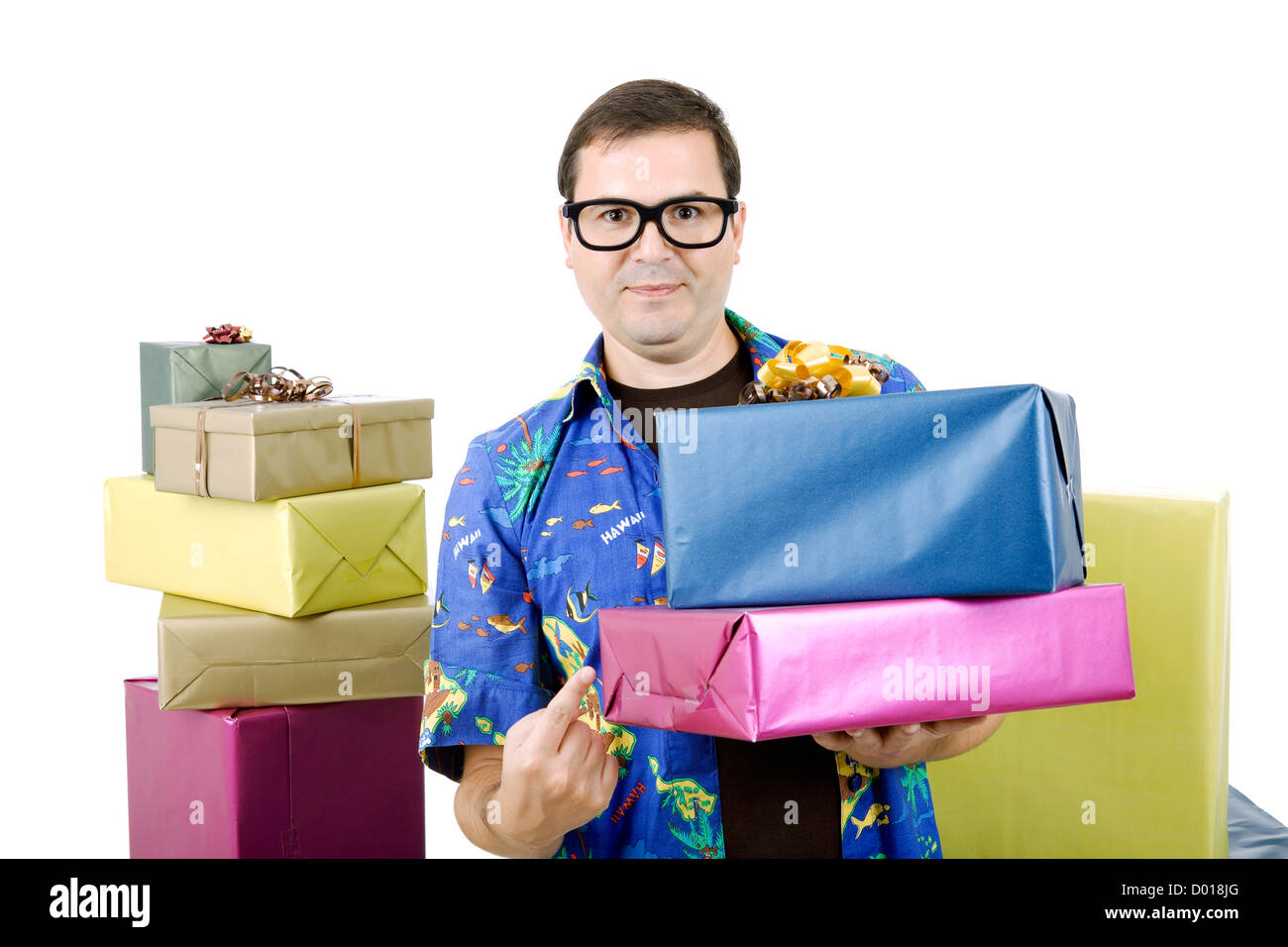happy silly salesman with some boxes, isolated on white Stock Photo - Alamy