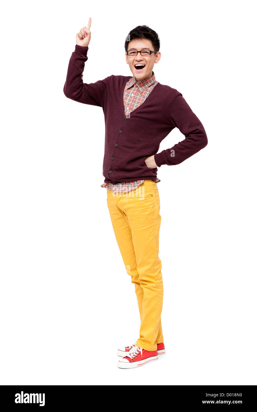 Smiling man raising hand Cut Out Stock Images & Pictures - Alamy