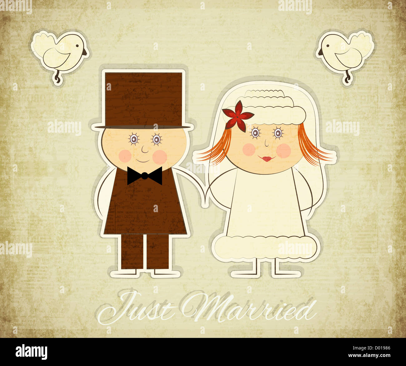 Vintage Design Wedding Card - Groom, Bride, Pigeons on Grunge ...