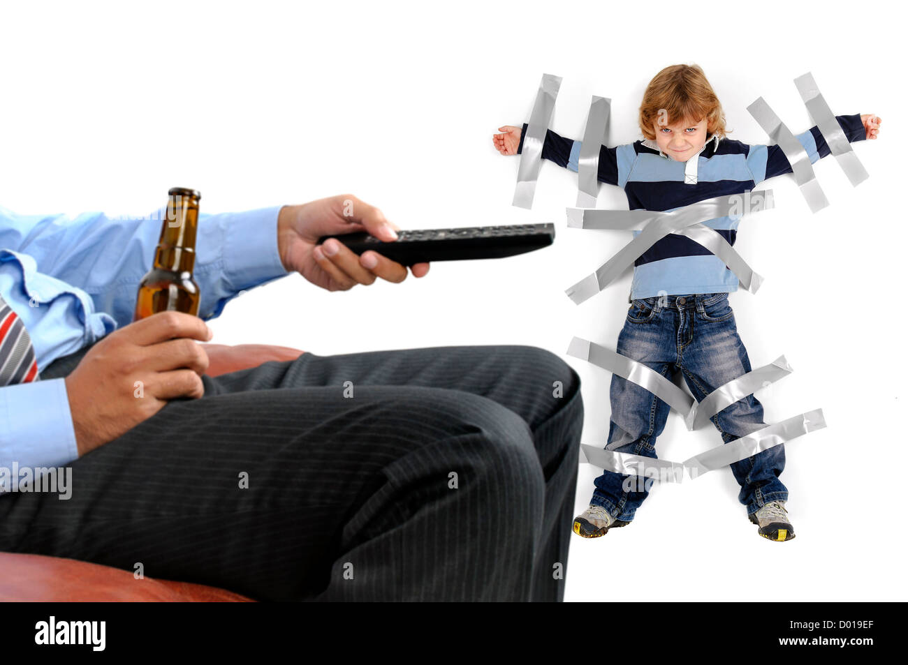 Young boy glued to the wall with duct tape, so daddy can relax and have ...
