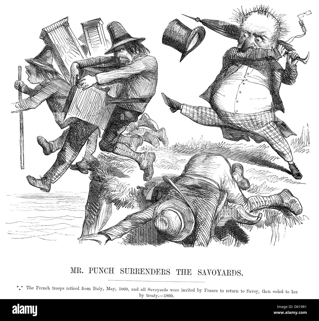 Mr Punch surrenders the Savoyard's. Caricature of French troops ...