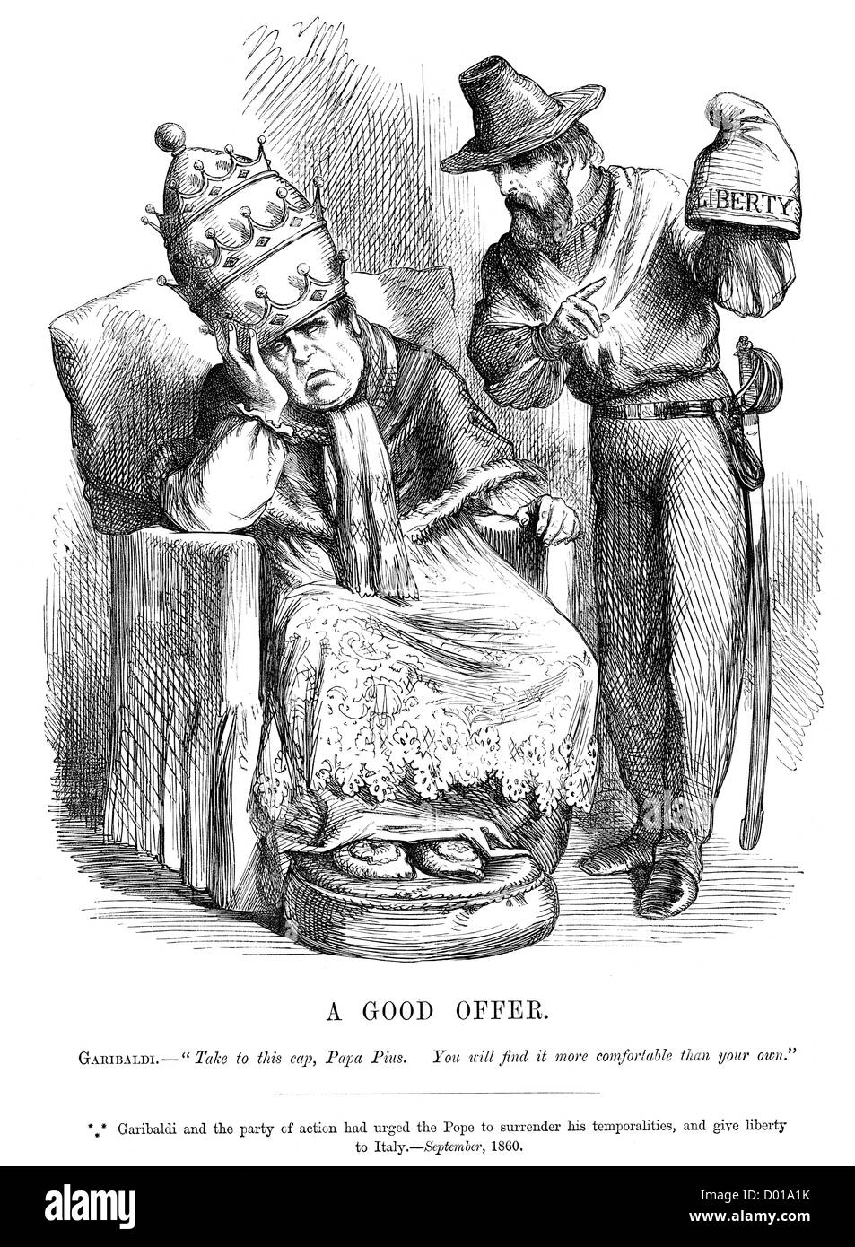 A Good Offer. Political cartoon about Garibaldi urging the Pope to ...