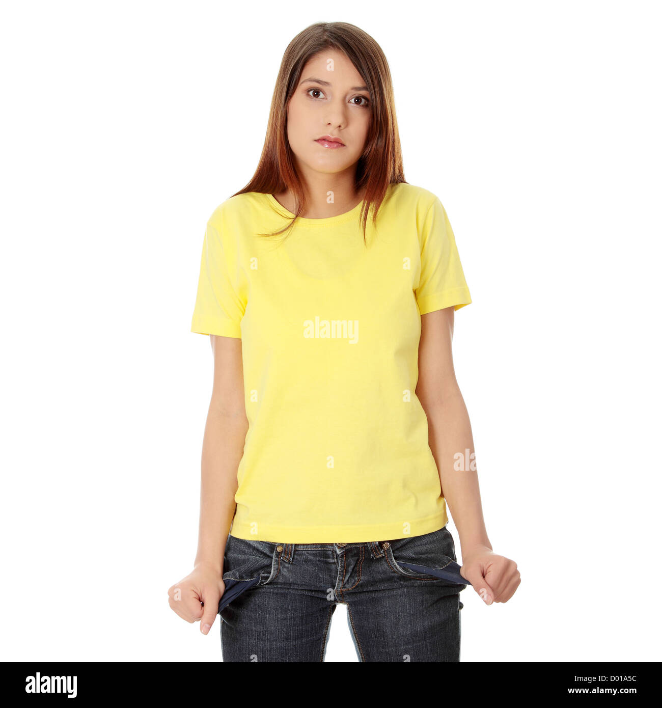 Young woman shows her empty pockets, isolated on white Stock Photo - Alamy