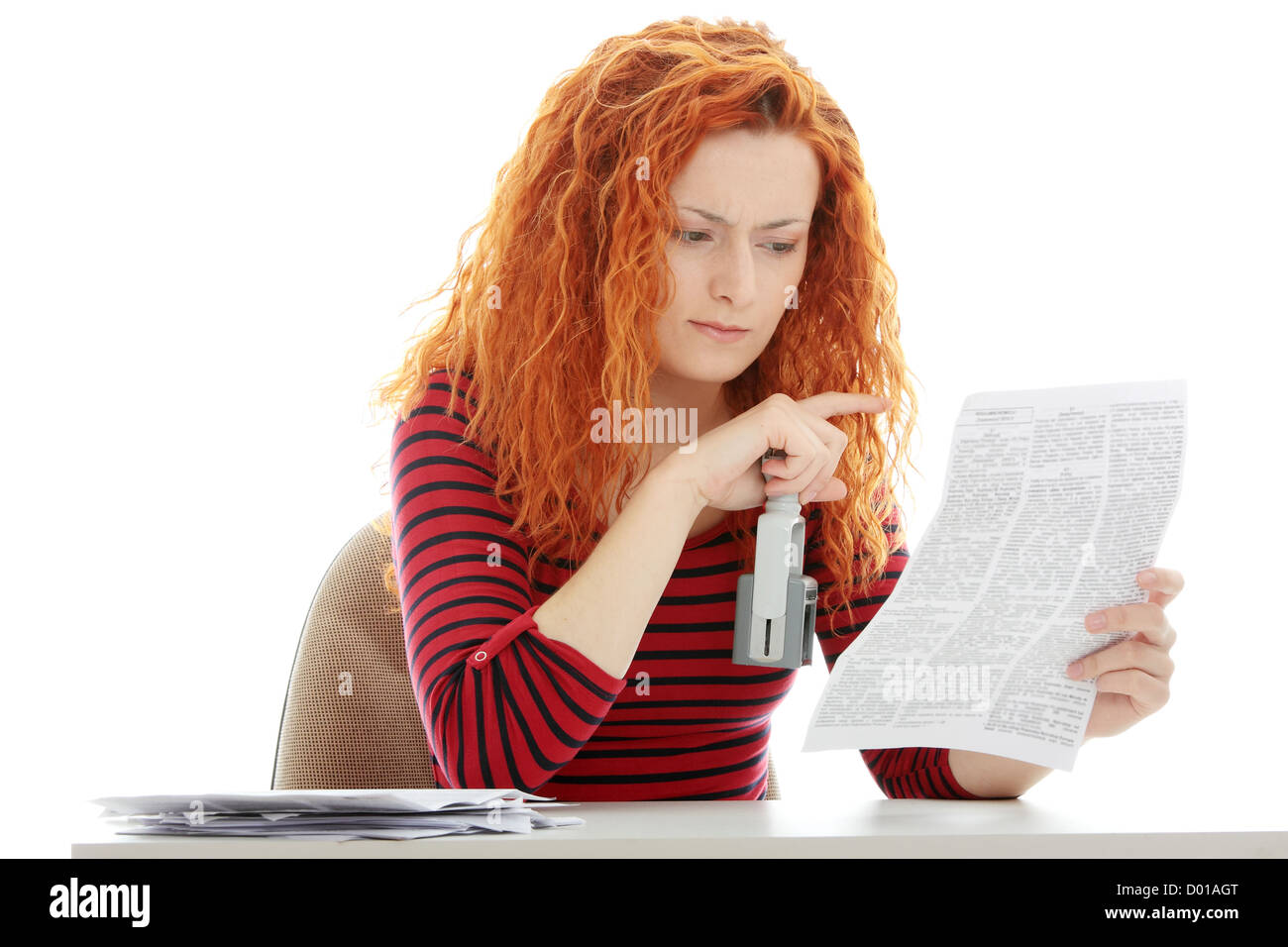 Secretary stamp the document at the desk. Isolated on white background ...