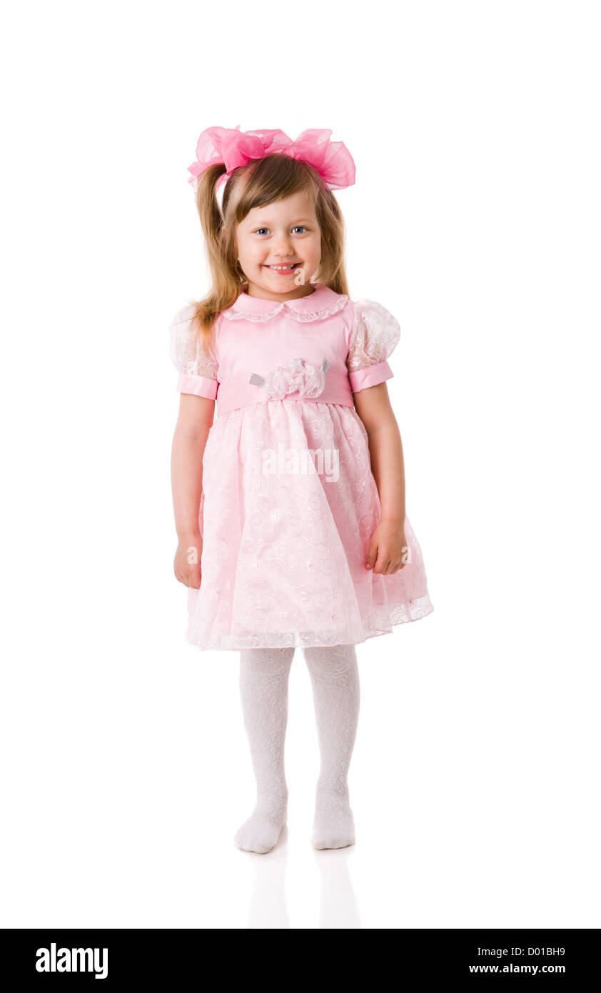 Happy girl wearing pink dress isolated on white Stock Photo - Alamy