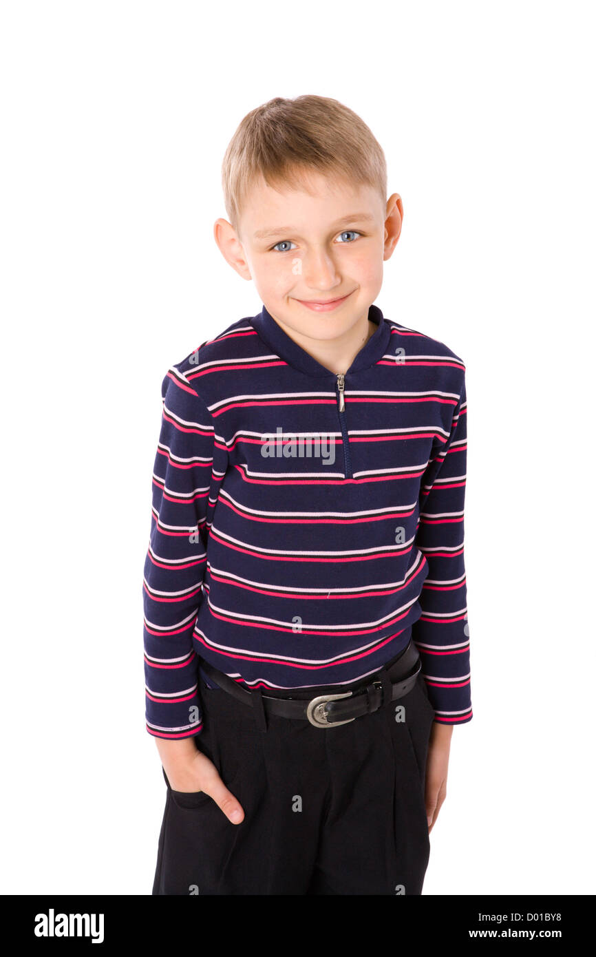 Happy seven years boy staring at you isolated Stock Photo - Alamy