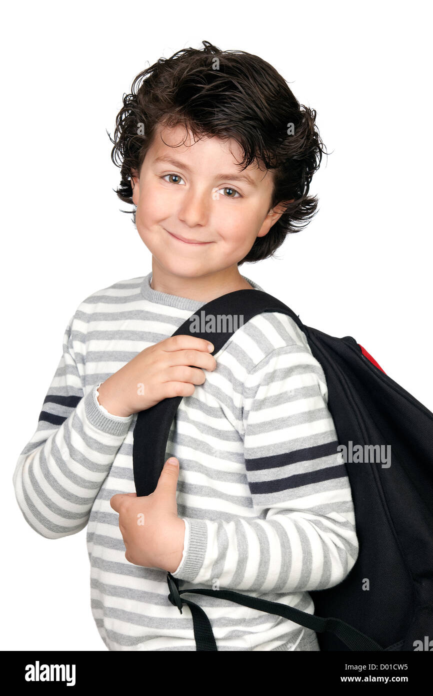 Beautiful student child with heavy backpack isolated on white ...