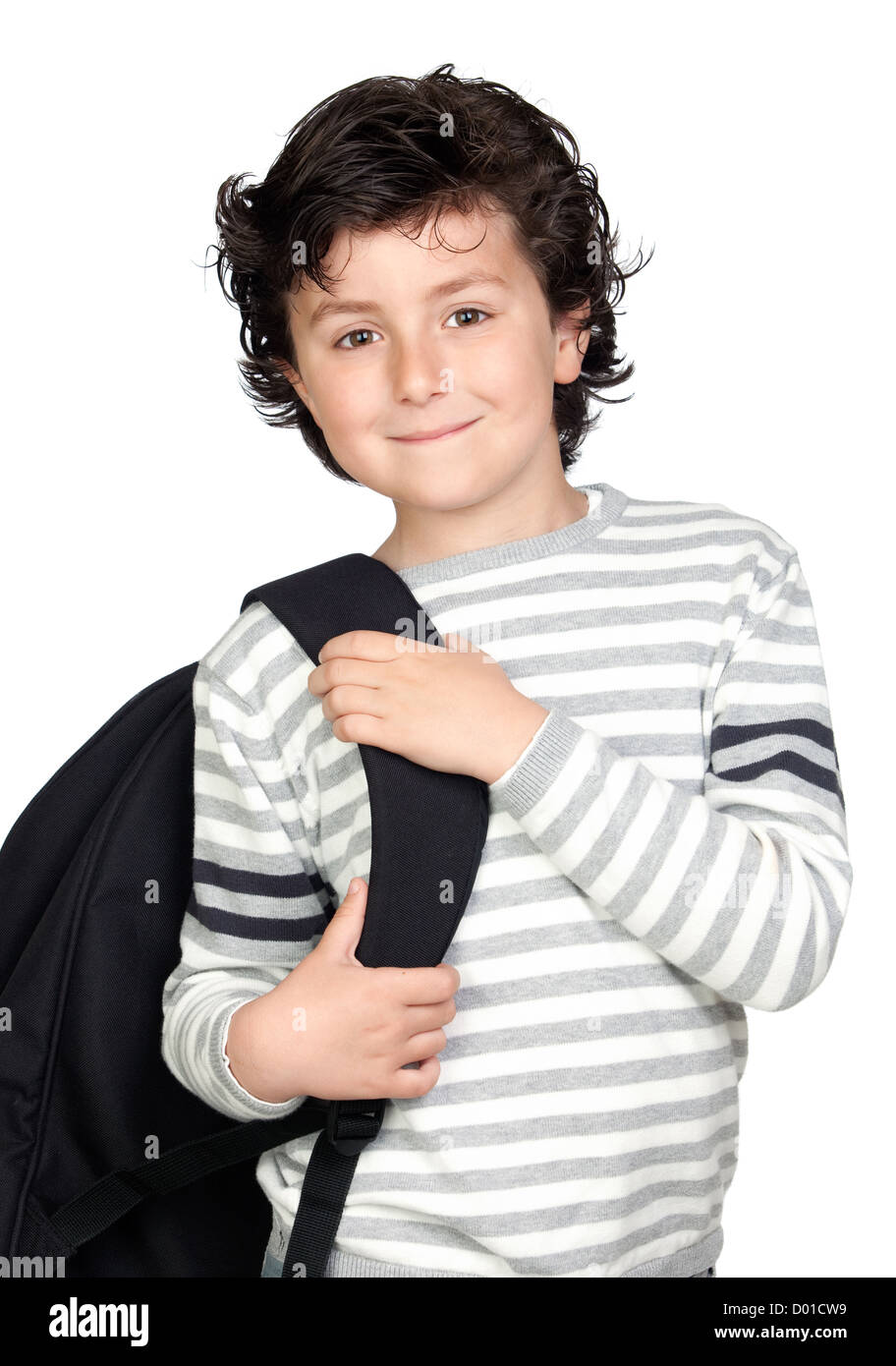 Beautiful student child with heavy backpack isolated on white ...