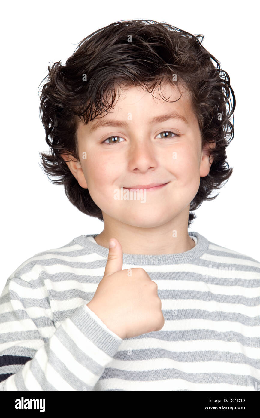 Beautiful child with striped sweater saying OK isolated on white ...