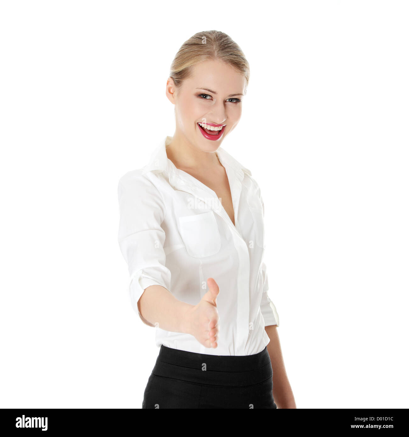 Business woman extend hand over white background Stock Photo - Alamy