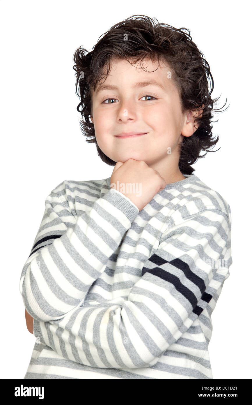 Pensive child with striped sweater isolated on white background Stock ...