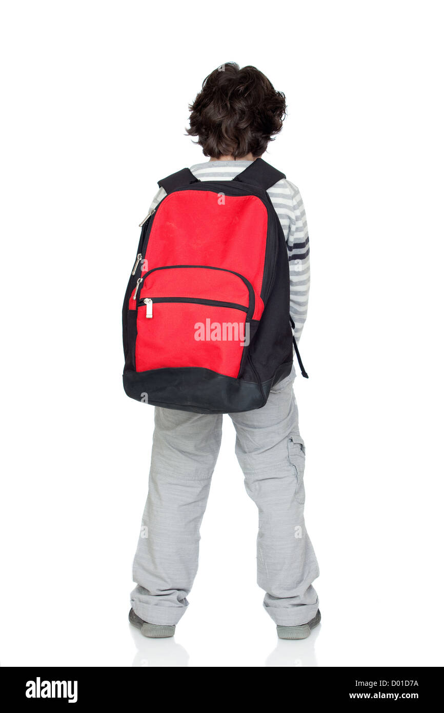 Anonymous child back with a heavy pack isolated on white background ...