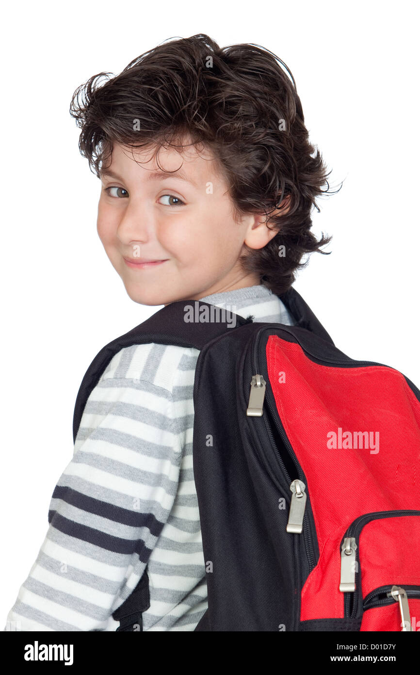 Beautiful student child with heavy backpack isolated on white ...