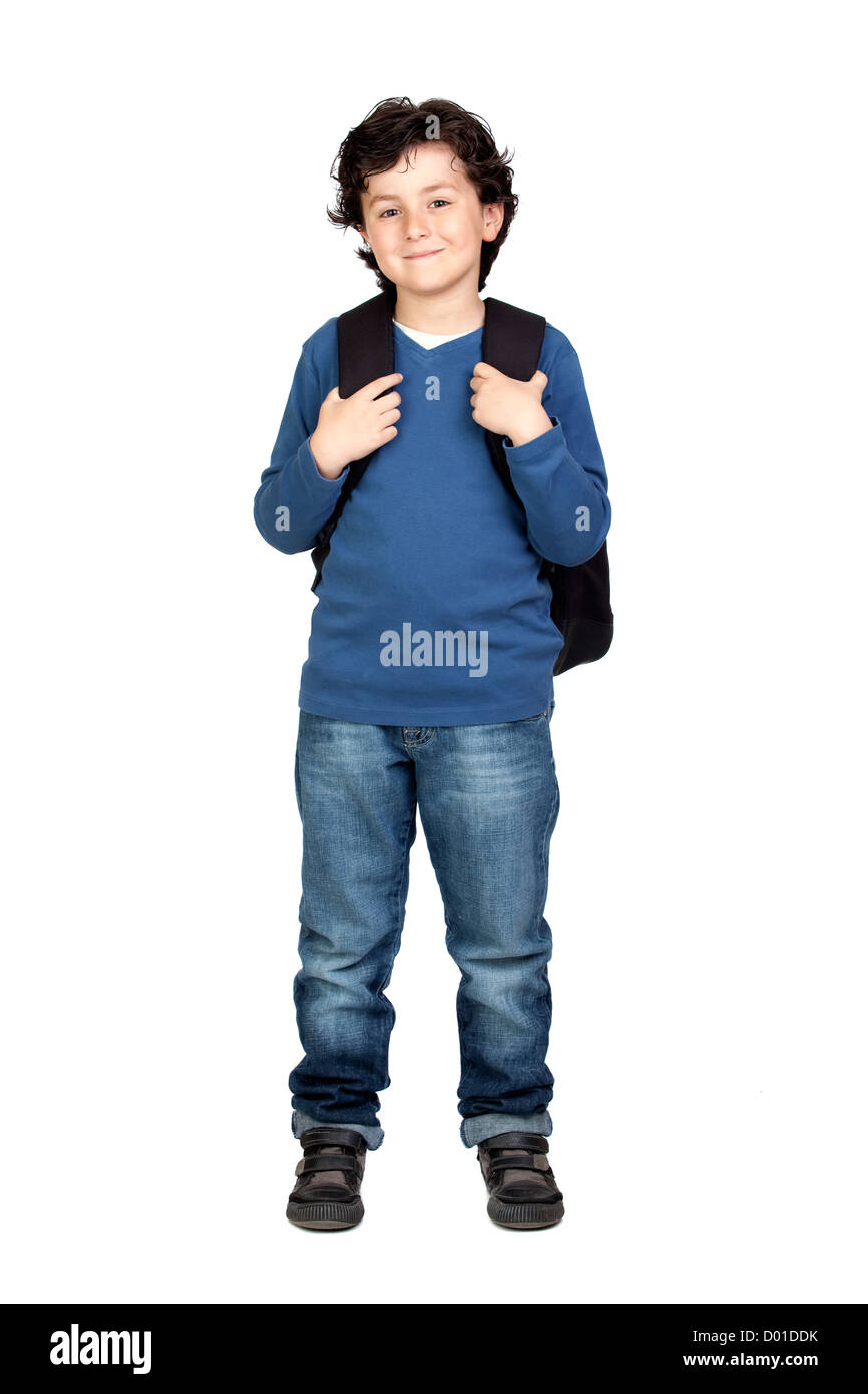 Beautiful student child with heavy backpack isolated on white ...