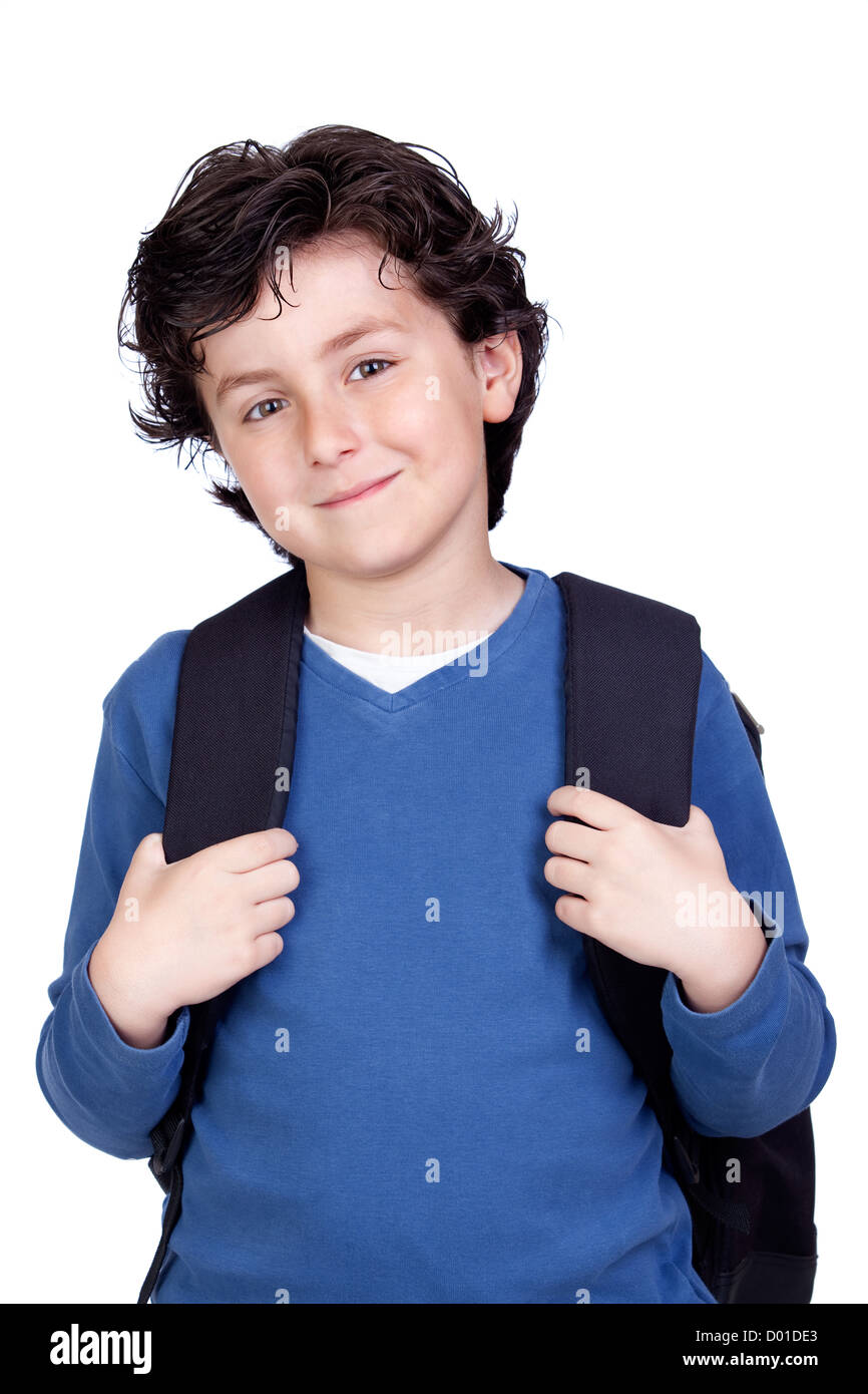 Beautiful student child with backpack isolated on white background ...